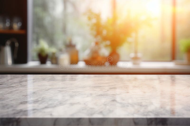 A Blurred Kitchen Environment Forms the Backdrop for a Marble Counter ...