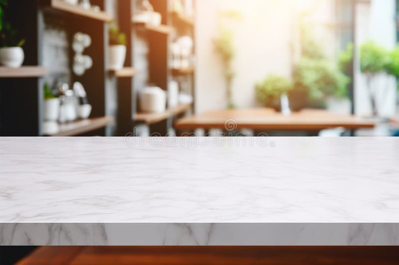 A Blurred Kitchen Environment Forms the Backdrop for a Marble Counter ...
