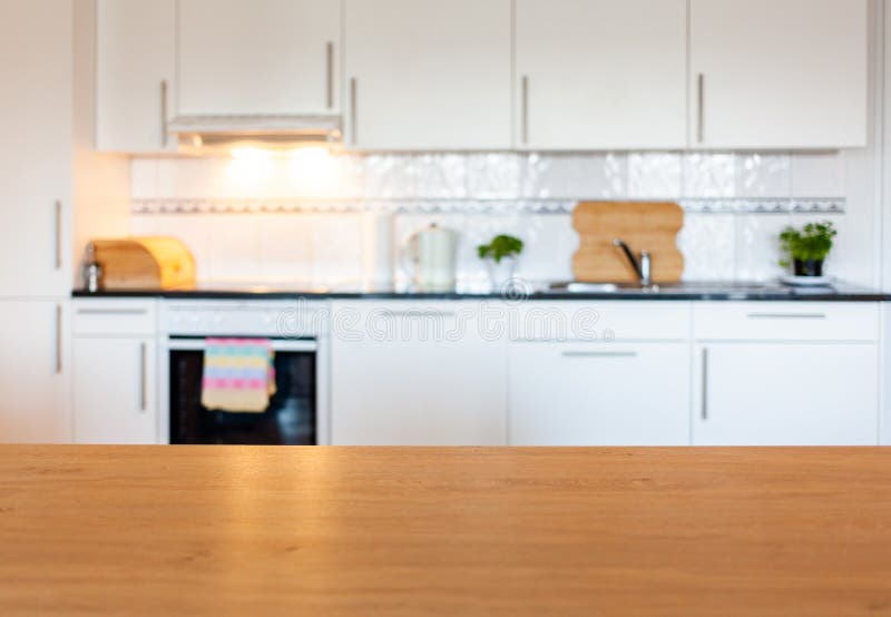 Blurred Kitchen Interior with Desk Space Stock Image - Image of ...