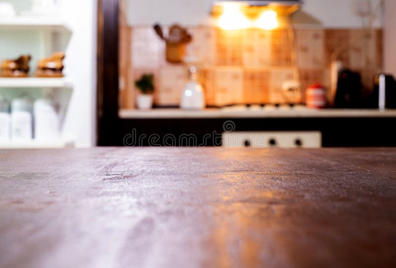 Blurred Kitchen Interior and Wooden Desk Space Home Background Stock ...