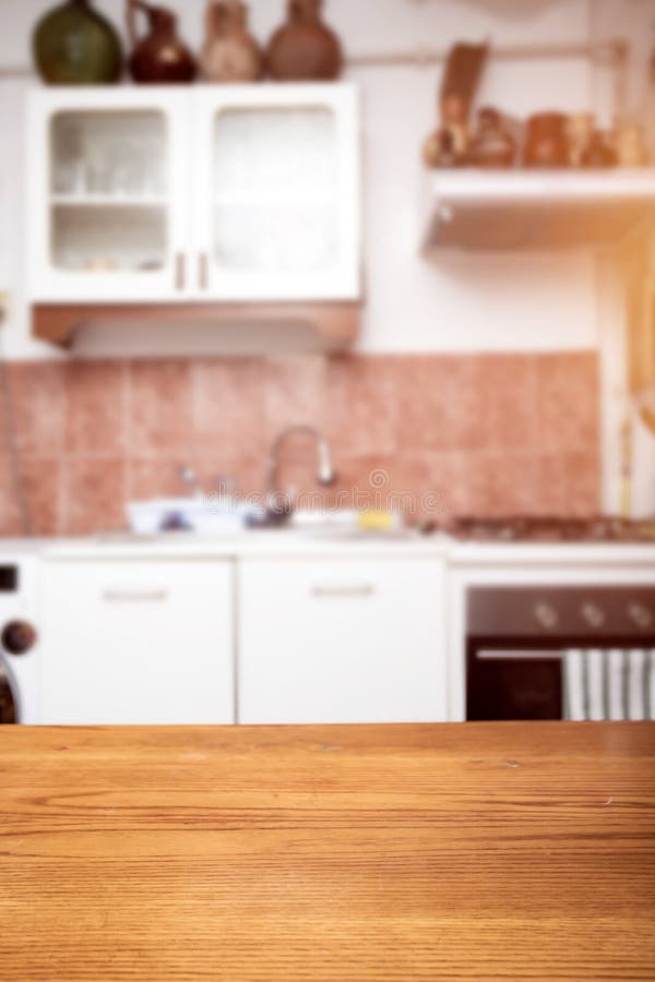 Blurred Kitchen Interior with Desk Space Stock Image - Image of ...
