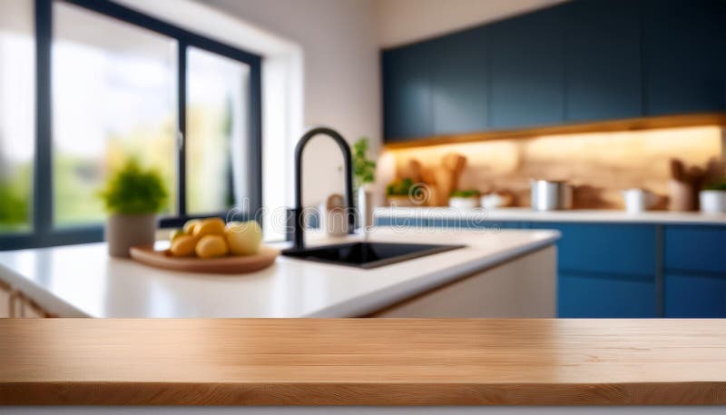 Blurred Kitchen Interior with Focus on Countertop. 3D Rendering Stock ...