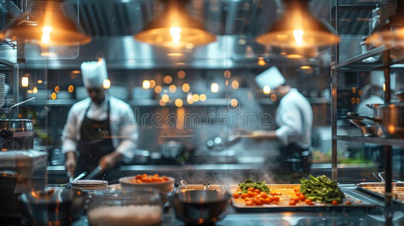 Blurred Kitchen Restaurant with People Working Behind Glass Wall, Chef ...