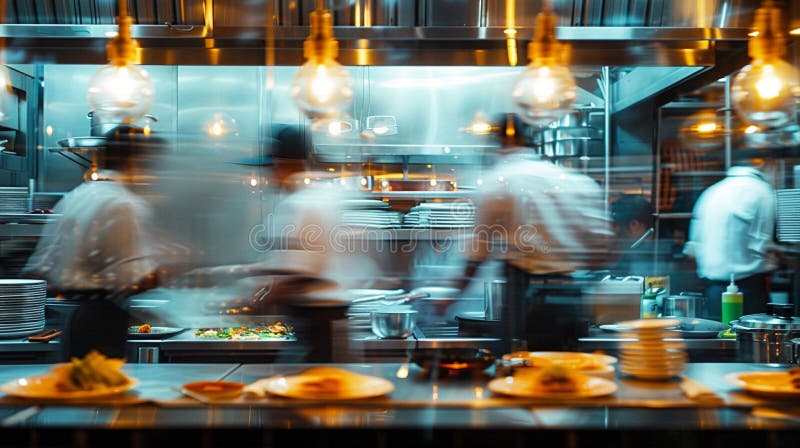 Blurred Kitchen Restaurant with People Working Behind Glass Wall, Chef ...