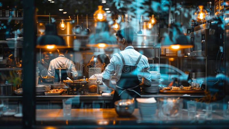 Blurred Kitchen Restaurant with People Working Behind Glass Wall, Chef ...