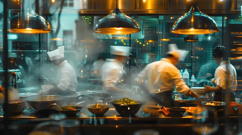 Blurred Kitchen Restaurant with People Working Behind Glass Wall, Chef ...