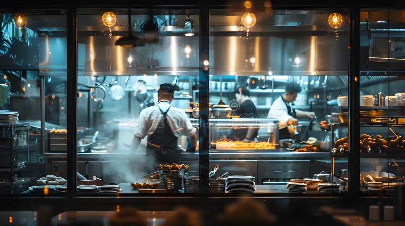 Blurred Kitchen Restaurant with People Working Behind Glass Wall, Chef ...