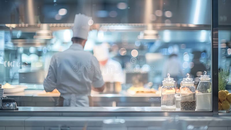 Blurred Kitchen Restaurant with People Working Behind Glass Wall, Chef ...