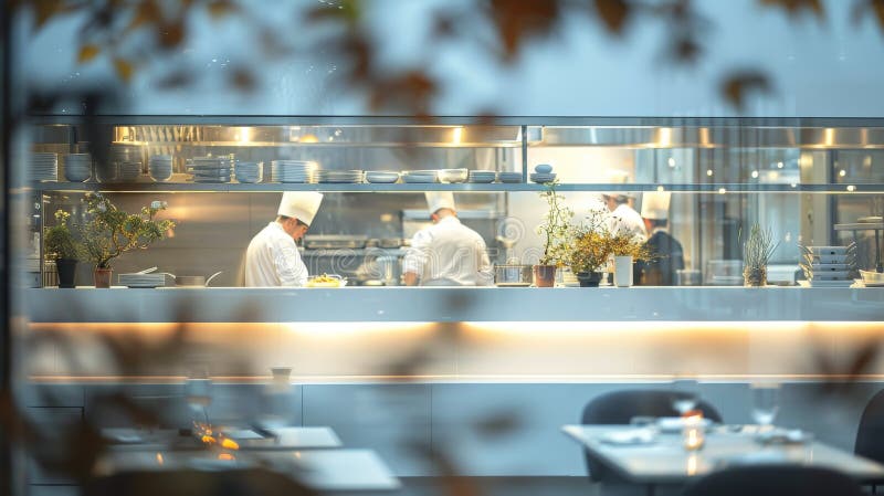 Blurred Kitchen Restaurant with People Working Behind Glass Wall, Chef ...