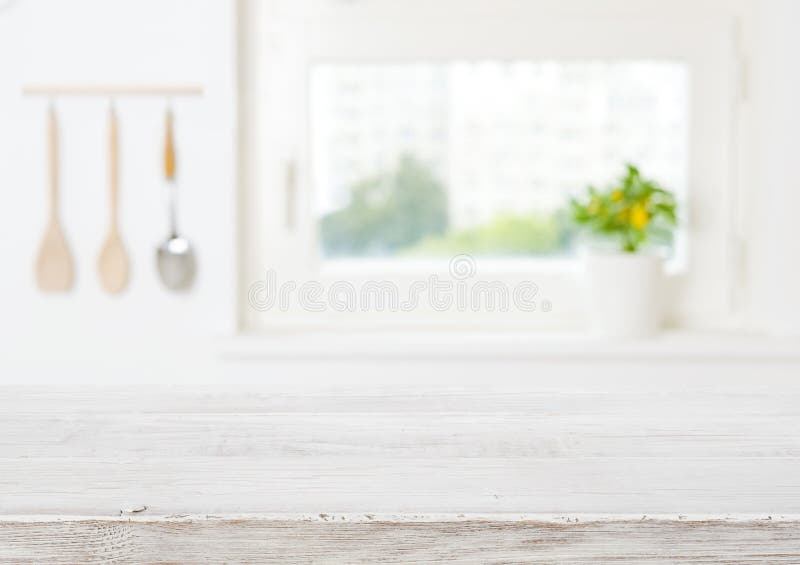 Blurred Kitchen Window Sill Background and Vintage Wooden Table Space ...