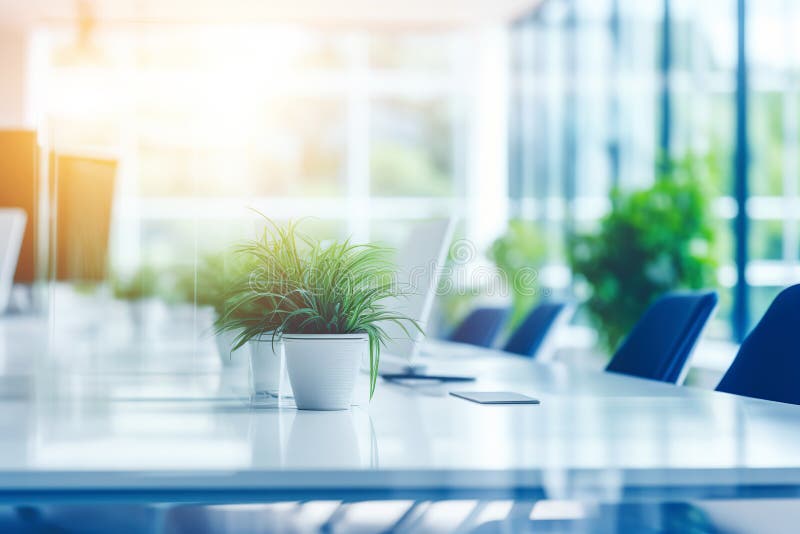 Blurred Large Modern Office Workspace in the Morning Stock Illustration ...