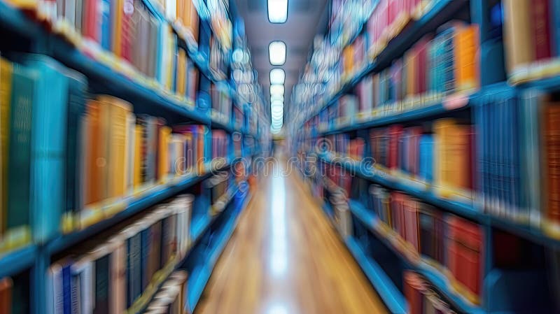 Blurred Library Aisle between Colorful Bookshelves, Illuminated Ceiling ...