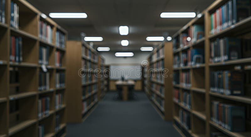 Blurred Library Interior with Bookshelves and Study Area for ...