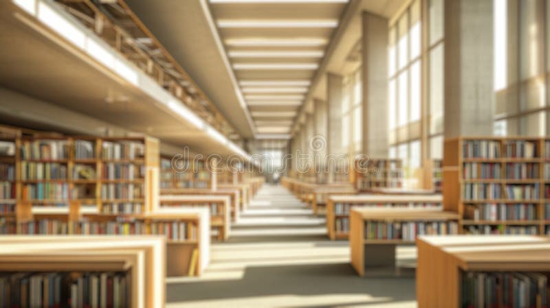 Blurred Library Interior with Bookshelves and Tables. Resplendent ...
