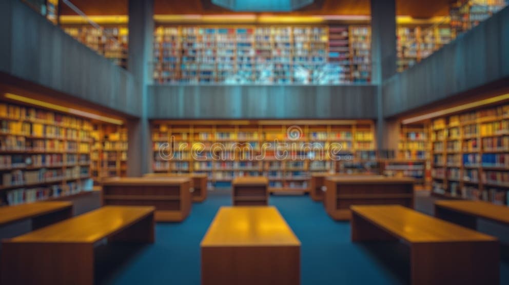 Blurred Library Interior with Bookshelves and Tables. Resplendent ...