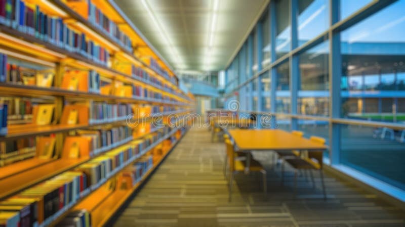Blurred Library Interior with Bookshelves and Tables. Resplendent ...