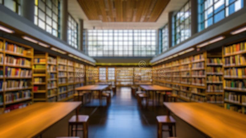 Blurred Library Interior with Bookshelves and Tables. Resplendent ...