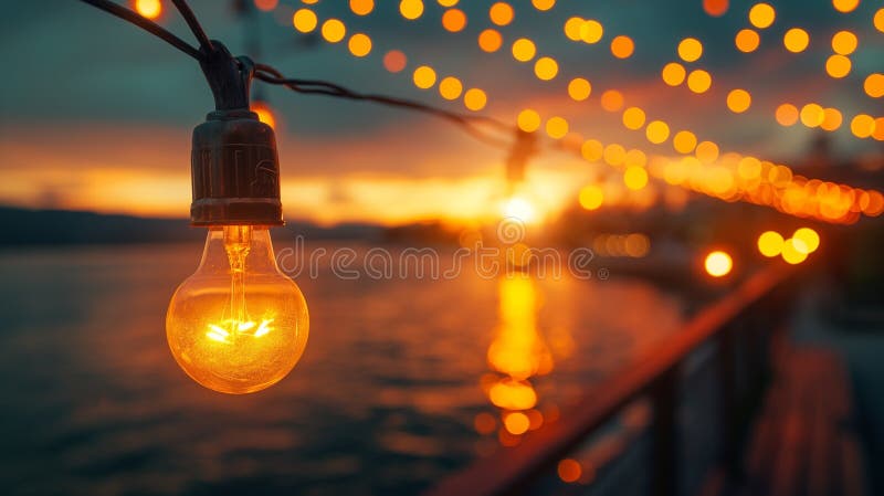 Blurred Light Bokeh with Palm Trees Background on Sunset, Yellow String ...