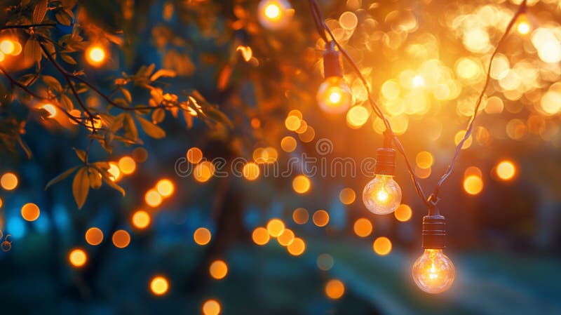 Blurred Light Bokeh with Palm Trees Background on Sunset, Yellow String ...