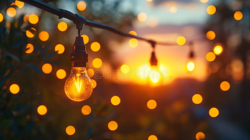 Blurred Light Bokeh with Palm Trees Background on Sunset, Yellow String ...