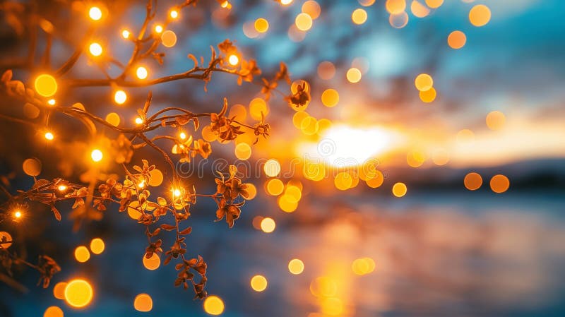 Blurred Light Bokeh with Palm Trees Background on Sunset, Yellow String ...