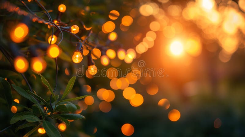Blurred Light Bokeh with Palm Trees Background on Sunset, Yellow String ...