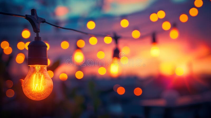 Blurred Light Bokeh with Palm Trees Background on Sunset, Yellow String ...