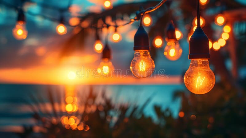 Blurred Light Bokeh with Palm Trees Background on Sunset, Yellow String ...
