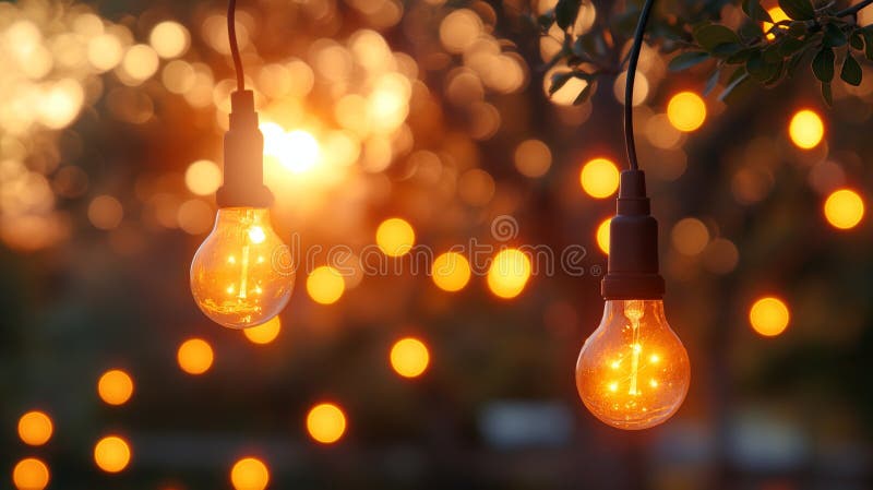 Blurred Light Bokeh with Palm Trees Background on Sunset, Yellow String ...