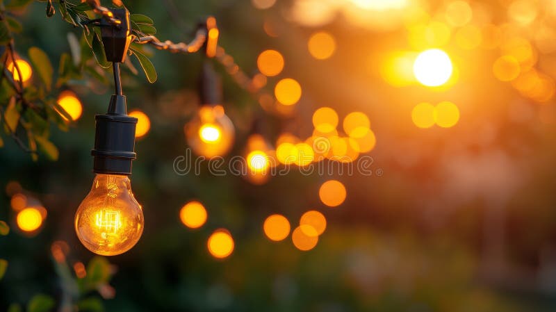 Blurred Light Bokeh with Palm Trees Background on Sunset, Yellow String ...