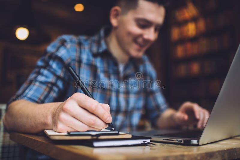 Blurred Male Student Doing Online E Learning for Research Informative ...
