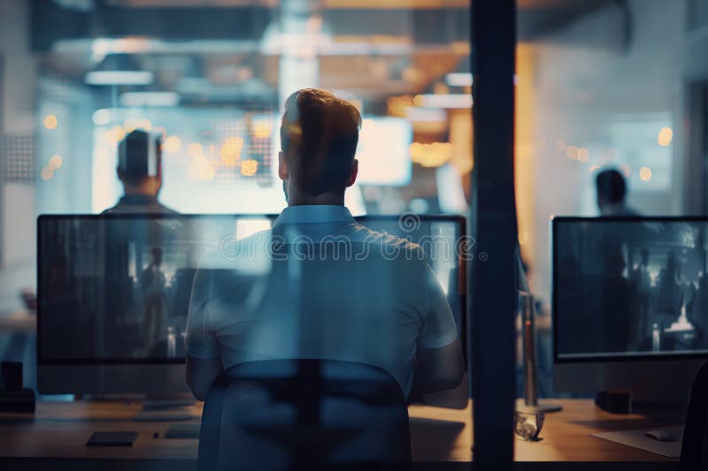 Blurred Men Sitting Over Computer Monitors, in Office Working Stock ...