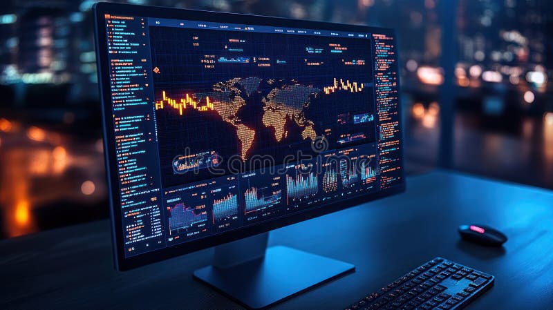 Blurred Modern Office with Bright Computer Display on Desk Stock ...