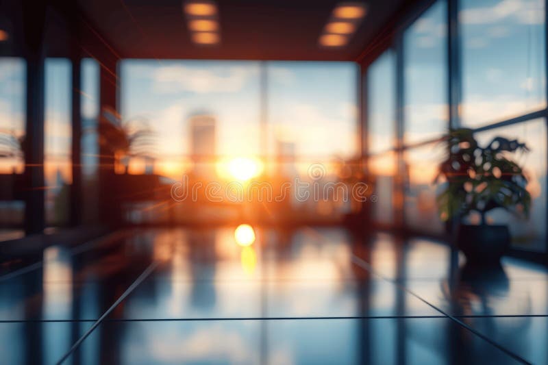 Blurred Modern Office Interior with Panoramic Windows and Sunlight ...