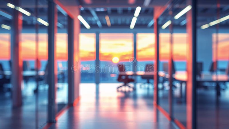 Blurred Modern Office Interior with Sunset View during Late Evening ...