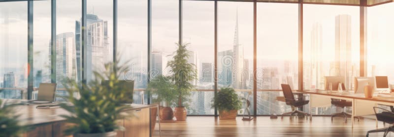 Blurred Modern Office Workspace Morning Interior with Cityscape for ...
