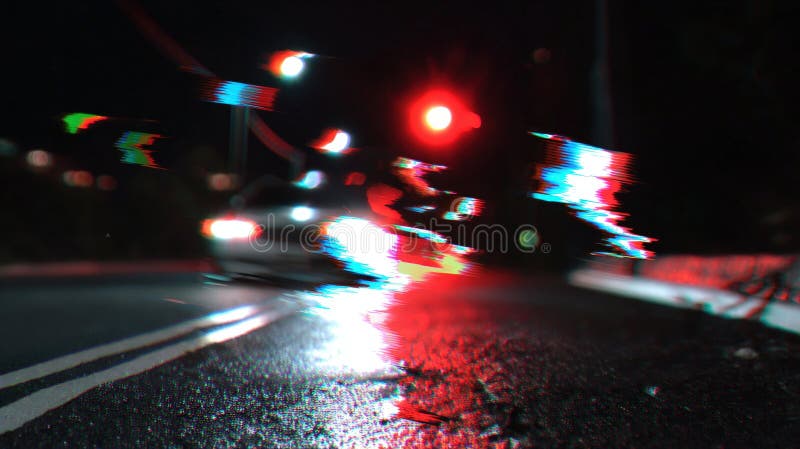 Blurred Motion of a Car at Night with Glitch Effects, Bright Red ...