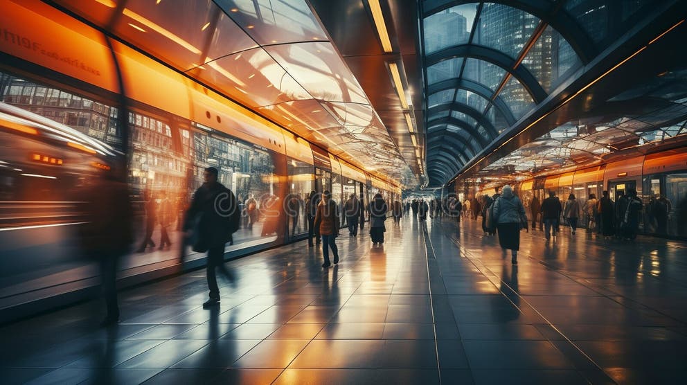 Blurred Motion of Commuters Rushing through Modern Subway Station Stock ...
