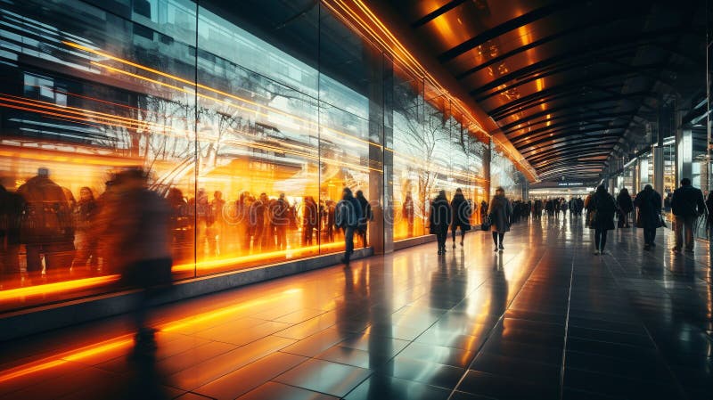 Blurred Motion of Commuters Rushing through Modern Subway Station Stock ...