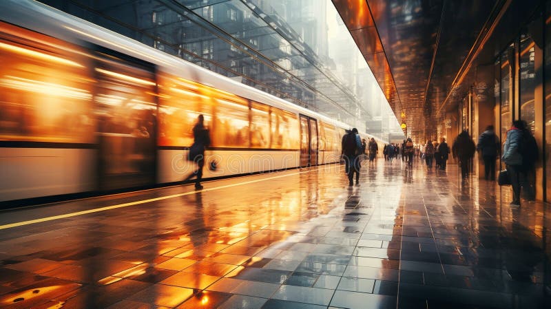 Blurred Motion of Commuters Rushing through Modern Subway Station Stock ...