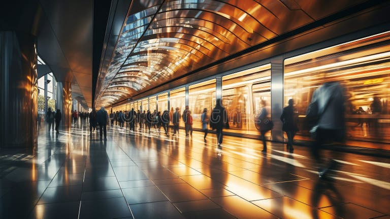 Blurred Motion of Commuters Rushing through Modern Subway Station Stock ...