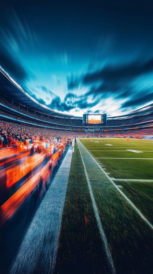 Blurred Motion Dramatic Sky Over a Packed Football Stadium at Dusk ...