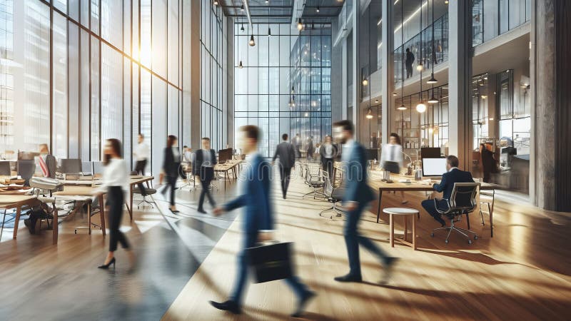 Blurred Motion of Employees Walking in a Bright, Spacious Contemporary ...