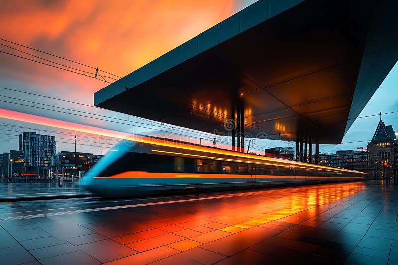 Blurred Motion of a Passing Train with Reflections at Station during ...