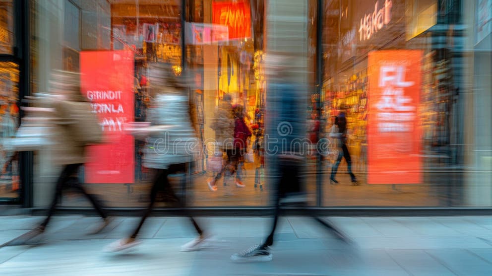 Blurred Motion of Pedestrians Walking Past a Storefront Window Stock ...