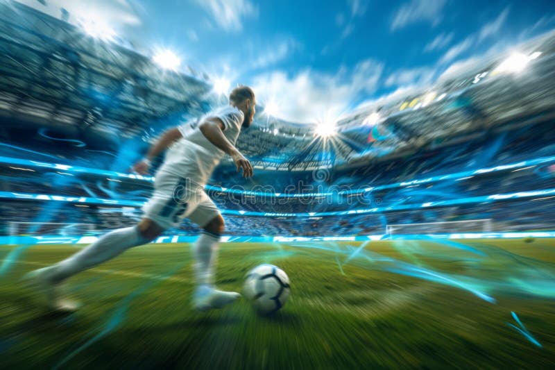 Blurred Motion of a Soccer Player Dribbling in a Packed Stadium with ...