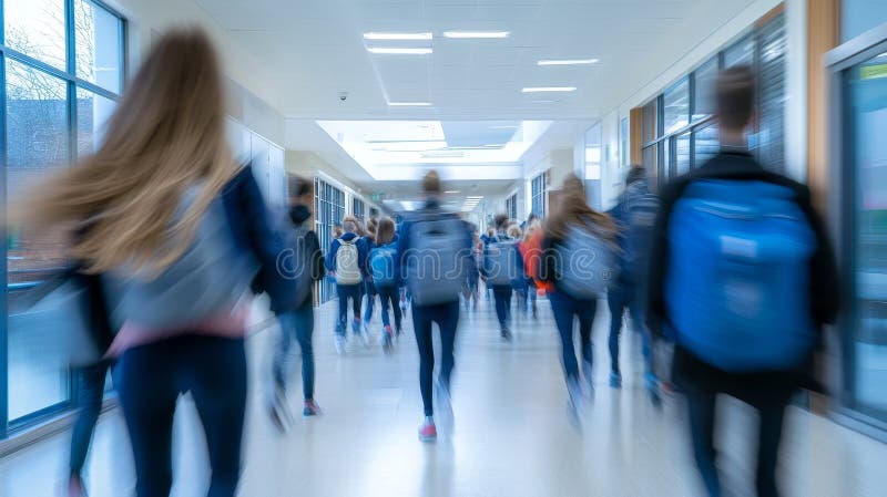 Blurred Motion of Students Walking through a School Hallway ...