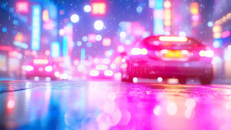 Blurred Neon City Street at Night with Blurred Lights and Rain ...