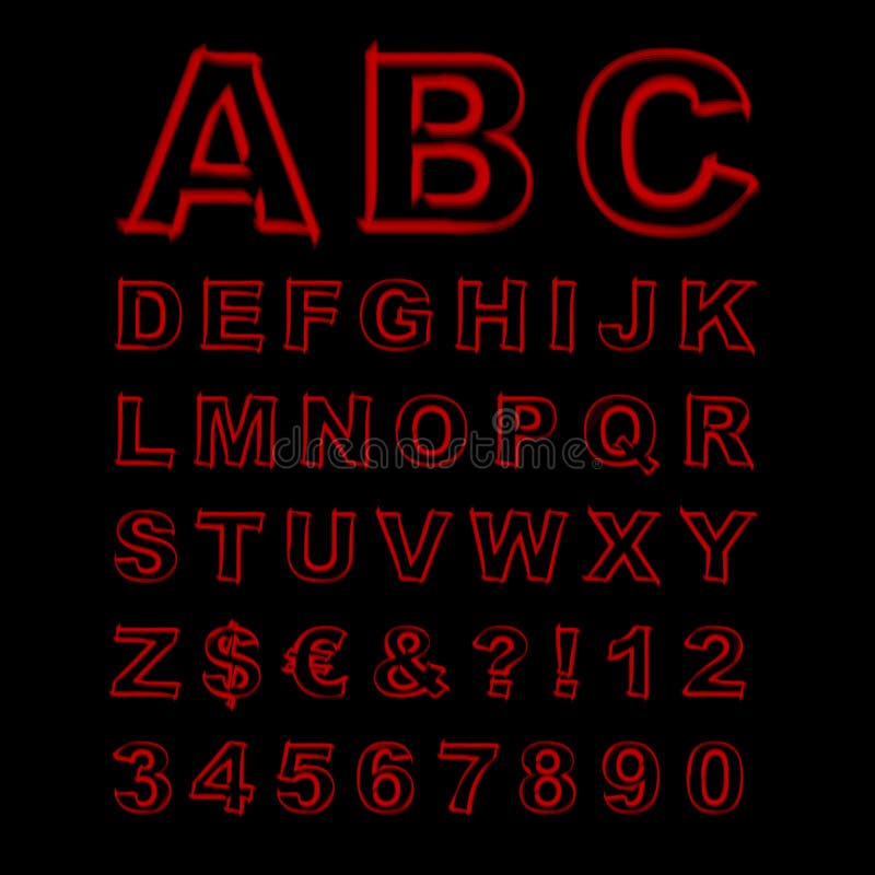 Blurred Neon Vector Font. Red Letters, Signs and Numerals on a Black ...
