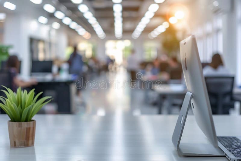 Blurred Office Backdrop. a Modern Laptop Computer is Placed on Top of a ...